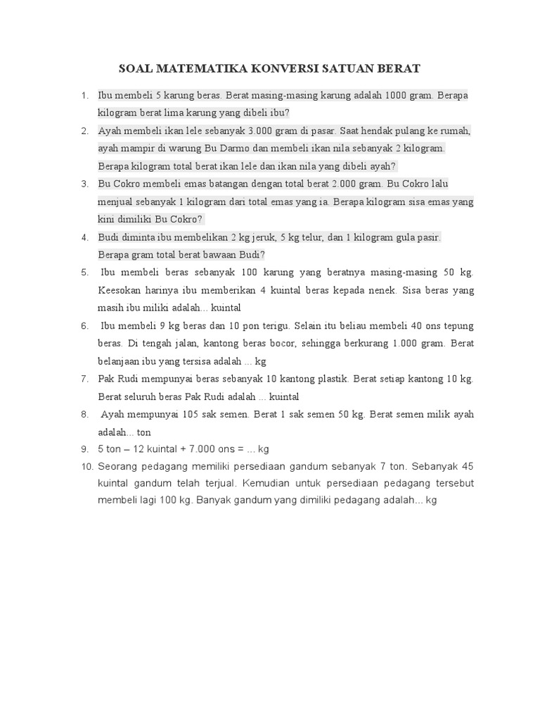 Soal Matematika Konversi Satuan Berat | PDF