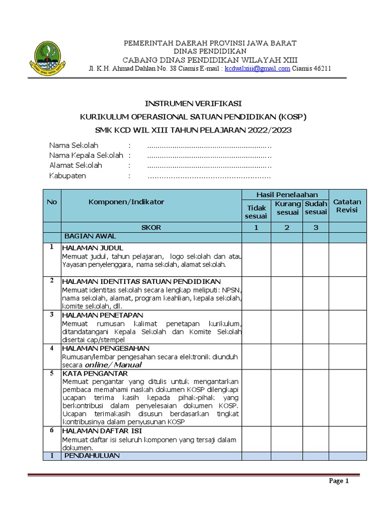 Verifikasi KOSP SMK Wilayah XIII 2022/2023 | PDF