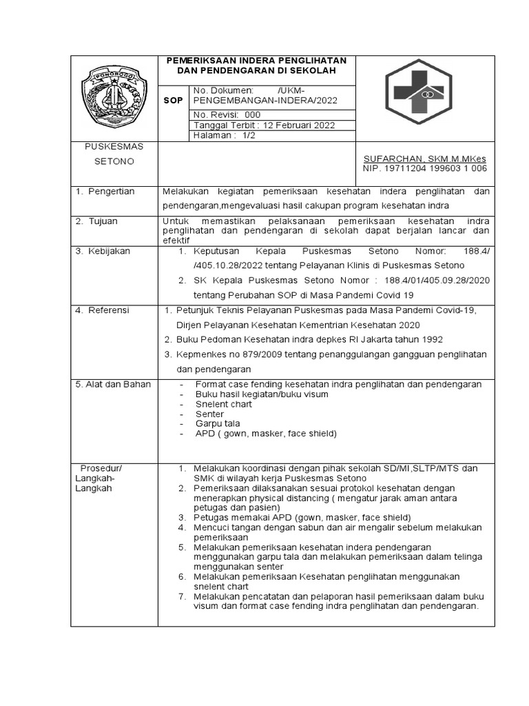 Sop Pemeriksaan Indera Di Sekolah 2022 | PDF