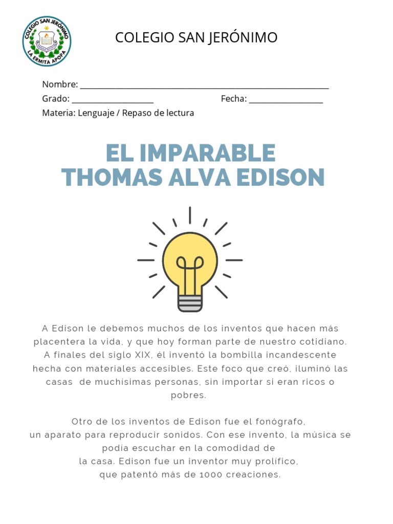 El Imparable Thomas Alva Edison 80 Ejercicios de Compresión de Lectura | PDF