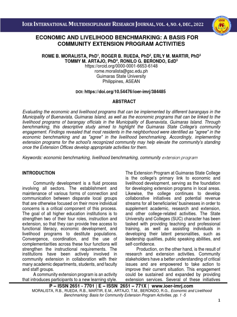 Economic and Livelihood Benchmarking Basis For Community Extension ...
