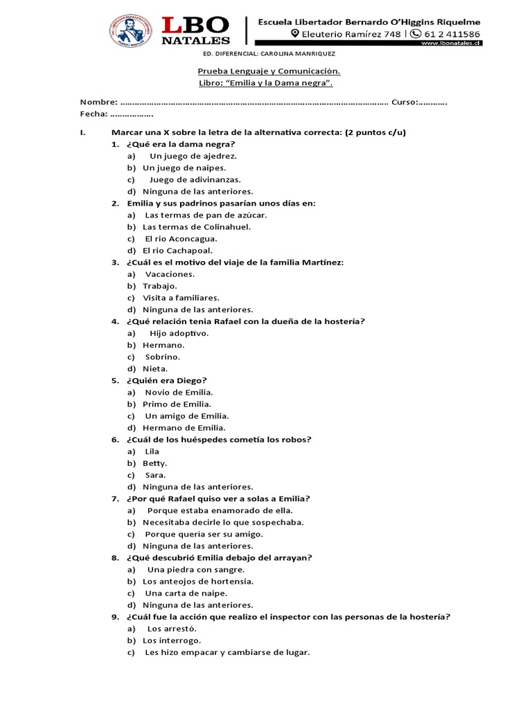 Prueba sobre "Emilia y la Dama Negra" | PDF | Novela negra, policíaca y ...