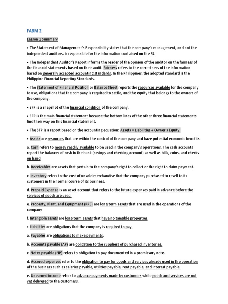FABM 2 Lesson 1 2 3 4 5 Summary | PDF | Debits And Credits | Balance Sheet