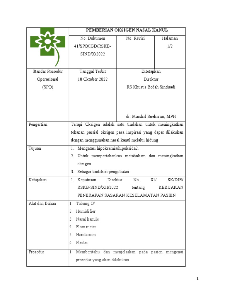 Pemberian Oksigen dengan Kanul Binasal | PDF