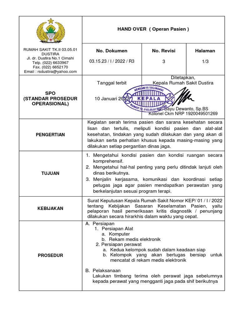 Handover Prosedur Operasi Pasien di Rumah Sakit Dustira | PDF