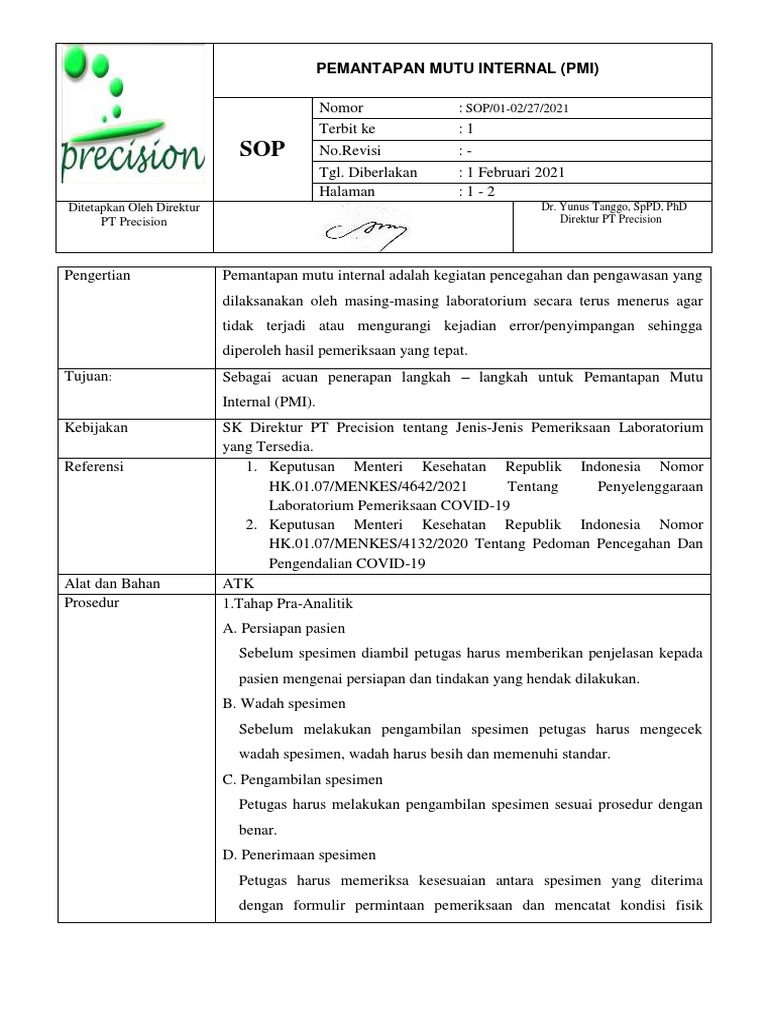SOP Pematapan Mutu INTERNAL (PMI) | PDF
