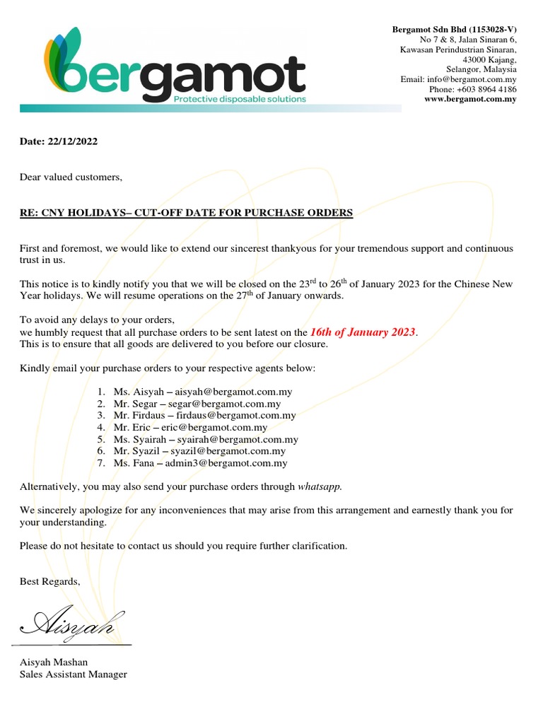 CNY Holiday Order Cut-Off Notice | PDF