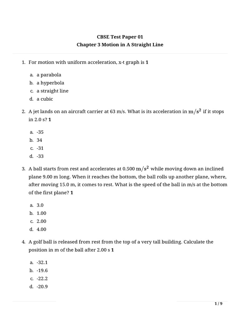 CH - 3 Motion in A Straight Line | PDF | Velocity | Acceleration