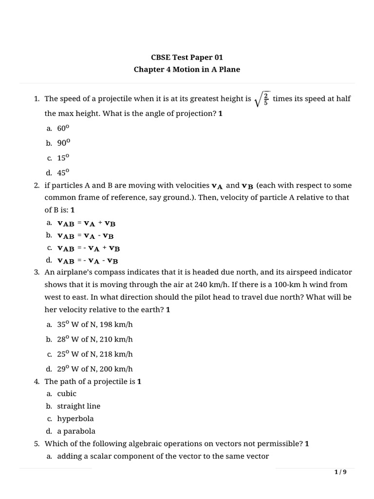 CH - 4 Motion in A Plane | PDF | Acceleration | Velocity