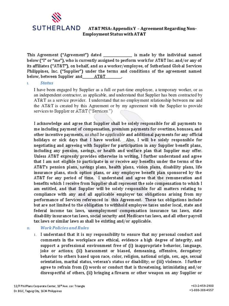 ATT MSA Appendix Y Agreement Regarding Non-Employment Status With ATT | PDF | Employment ...