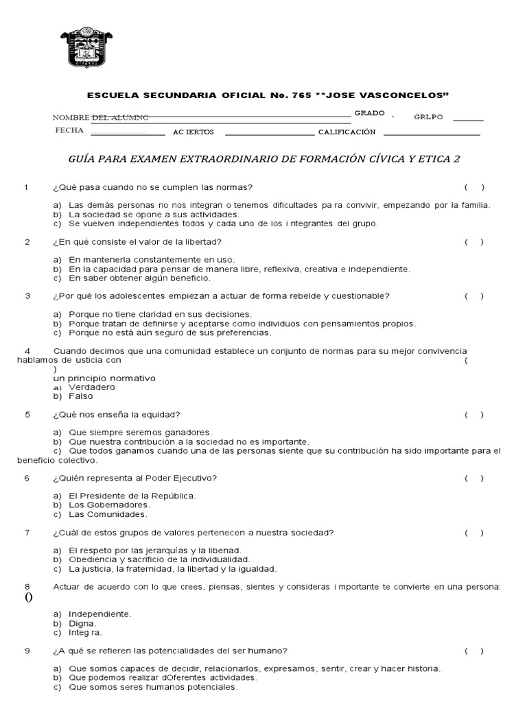 GUÍA PARA EXAMEN EXTRAORDINARIO DE FORMACIÓN CIVICA Y ETICA 2 - PDF Descargar Libre | PDF ...