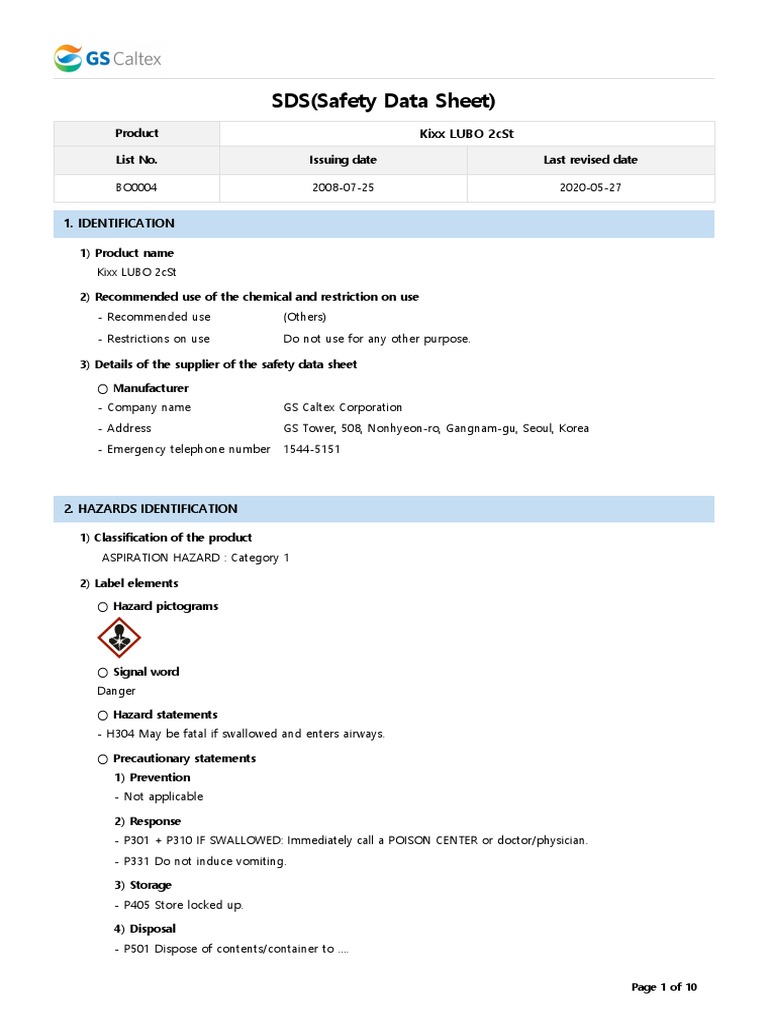 Kixx LUBO 2cSt Safety Data Sheet | PDF | Dangerous Goods | Toxicity