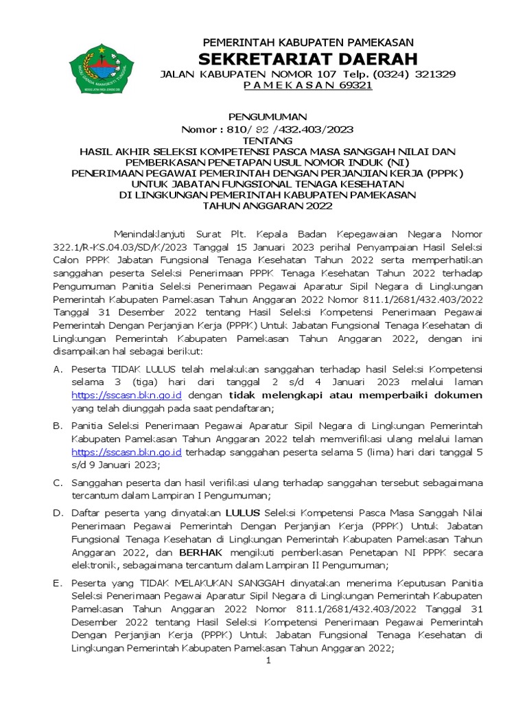 Pengumuman Hasil Akhir Dan Usul Penetapan Ni PPPK Kesehatan 2022 | PDF