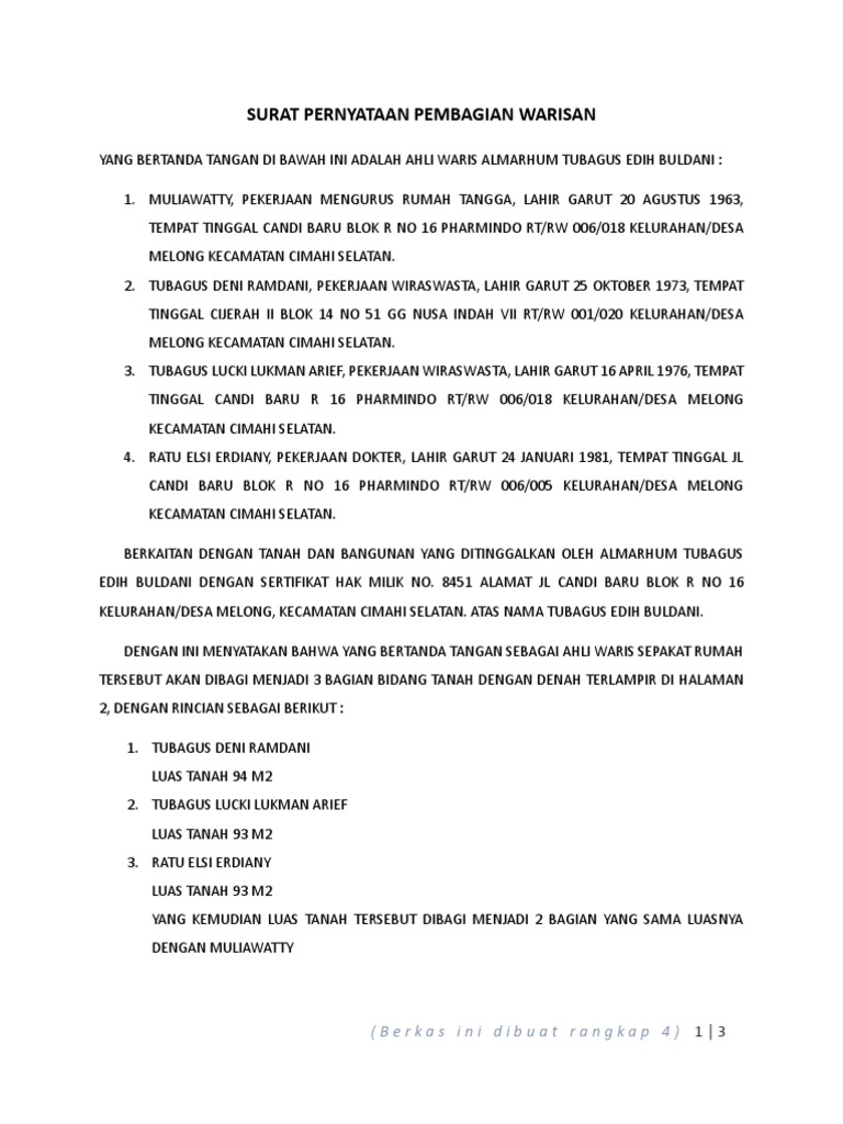 Surat Pernyataan Pembagian Warisan-1 | PDF