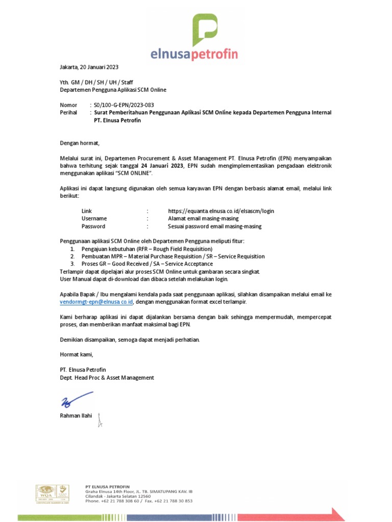 Surat Pemberitahuan Go Live SCM Online (EPN Domain Elnusa) | PDF