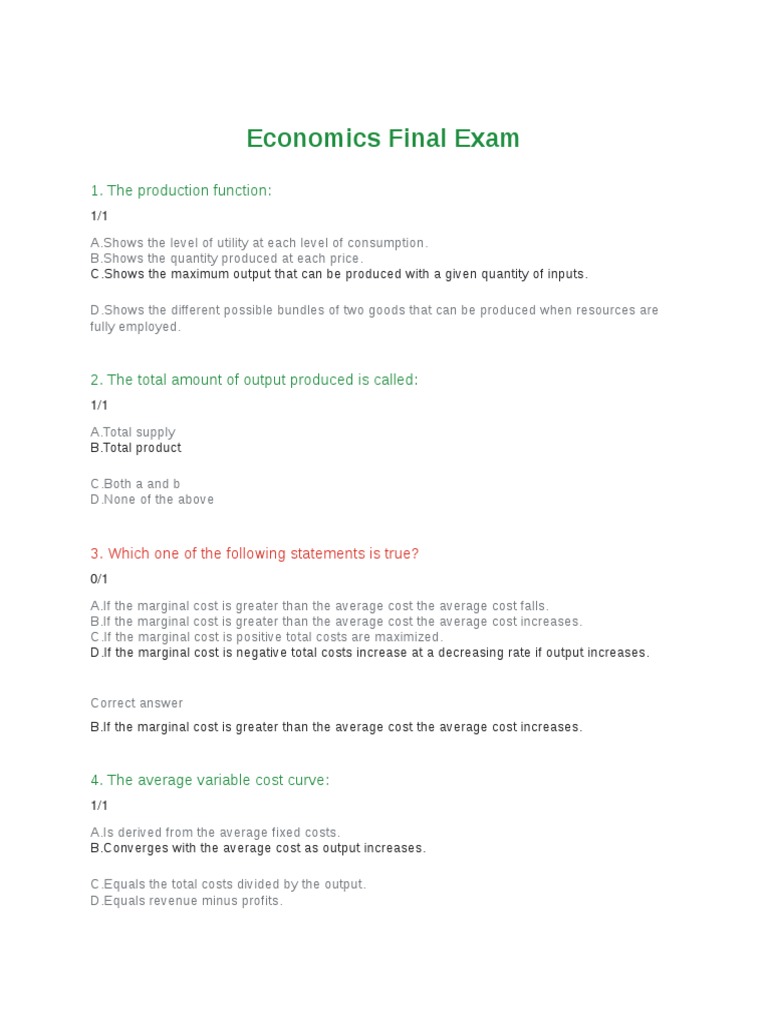 Economics Final Exam | PDF | Profit (Economics) | Perfect Competition