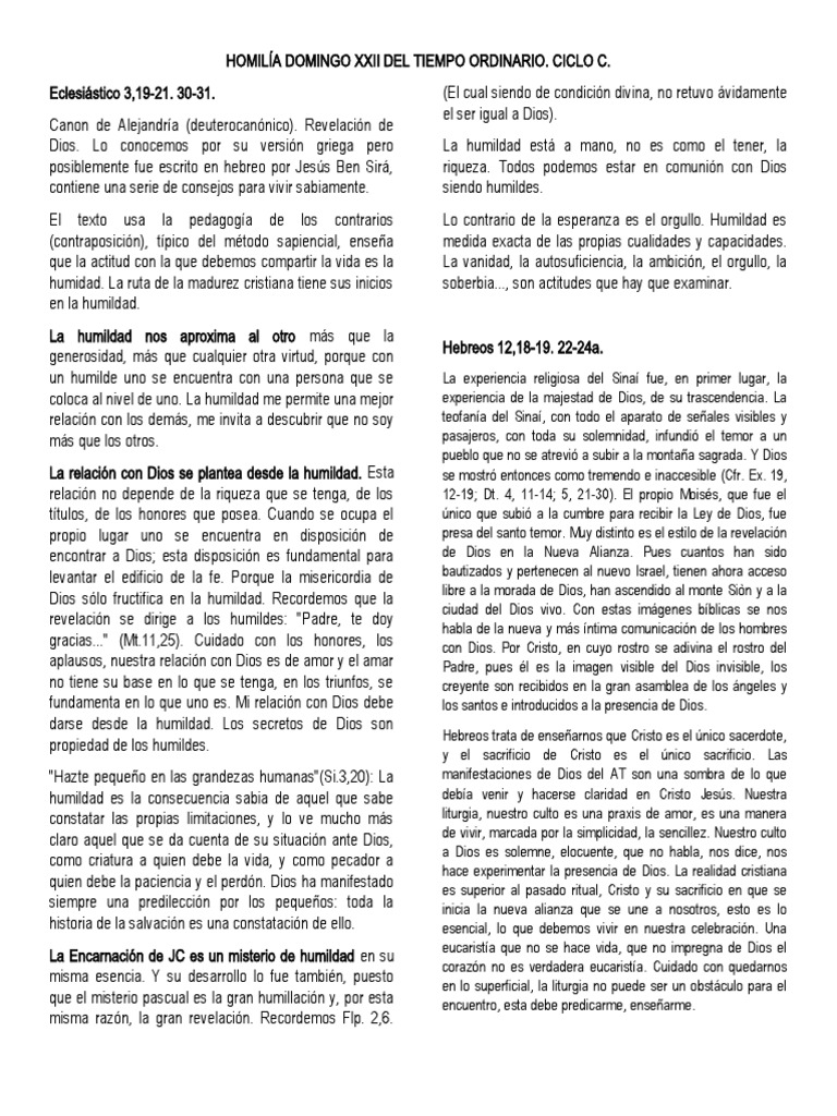 Homilía Domingo XXII Ciclo C: Humildad y Fe | PDF | eucaristía | Jesús