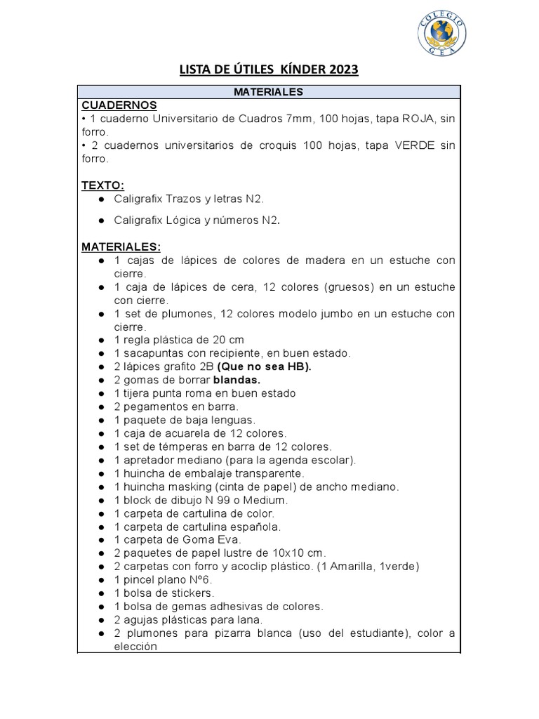 Lista de útiles kínder 2023 con cuadernos, textos, materiales de arte y ...