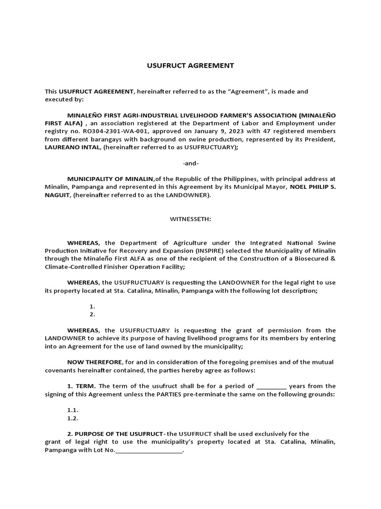 Usufruct Agreement for Swine Facility | PDF | Breach Of Contract | Property