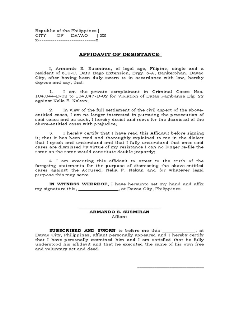Affidavit of Desistance2 | PDF | Affidavit | Notary Public