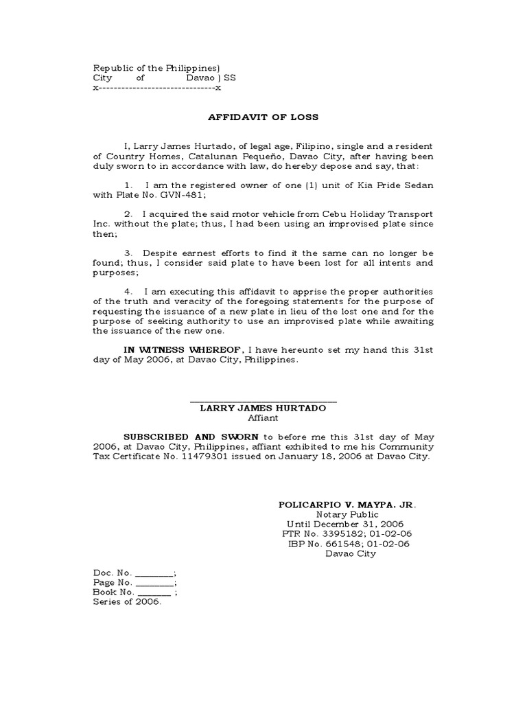 Affidavit of Loss | PDF | Affidavit | Evidence