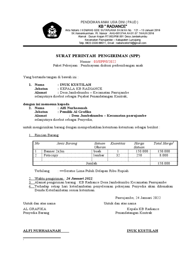 Surat Perintah Pengiriman (SPP) : KB " Radiance" | PDF