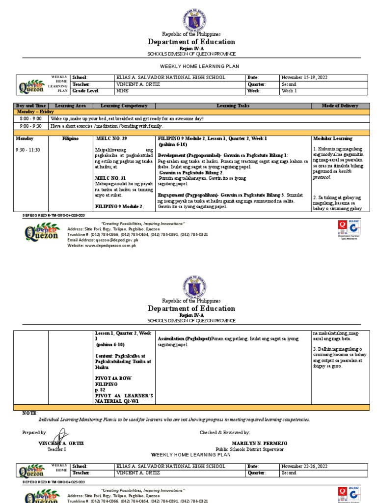 Weekly-Home-Learning-Plan-Grade-9 Filipino Q2 | PDF