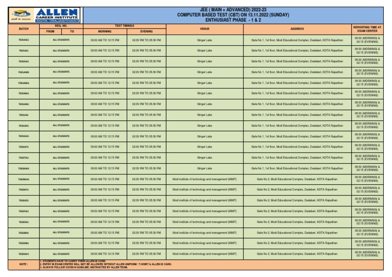 JEE (MAIN + ADVANCED) 2022-23 Computer Based Test (CBT) On 13.11.2022 ...
