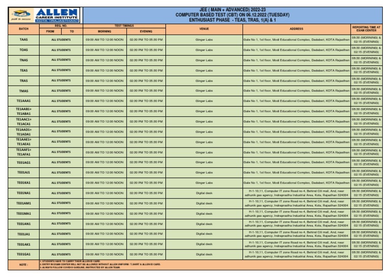 JEE (MAIN + ADVANCED) 2022-23 Computer Based Test (CBT) On 06.12.2022 ...