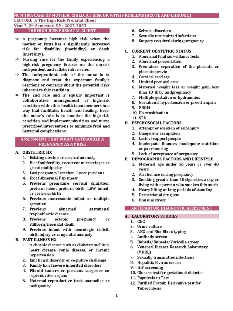 NCM 108 - Lec 3 - The High Risk Prenatal Client | PDF | Heart | Anemia