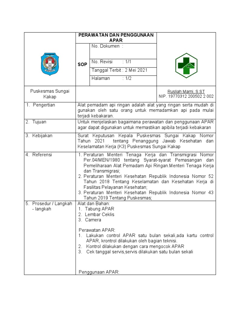 Sop Perawatan Dan Penggunaan Apar | PDF