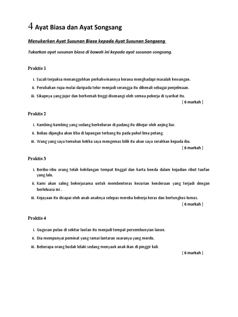 4 Latihan Ayat Biasa Dan Ayat Songsang | PDF