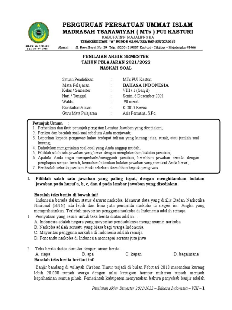 Kelas 8 Soal Pas Ganjil 2021 | PDF