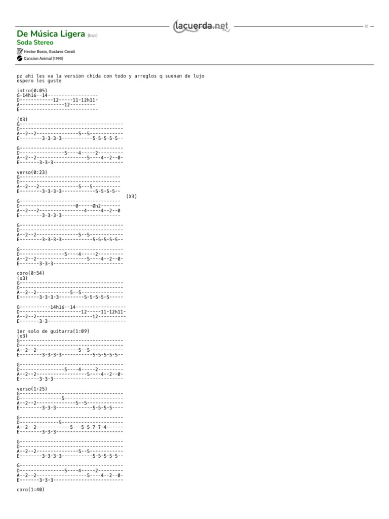 DE MUSICA LIGERA, Soda Stereo - Tab P - Bajo | PDF