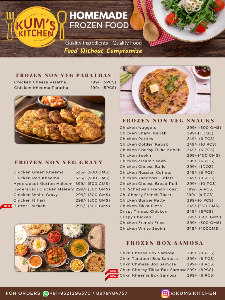 Kums Kitchen Frozen Food Menu | PDF | Chutney | Foods