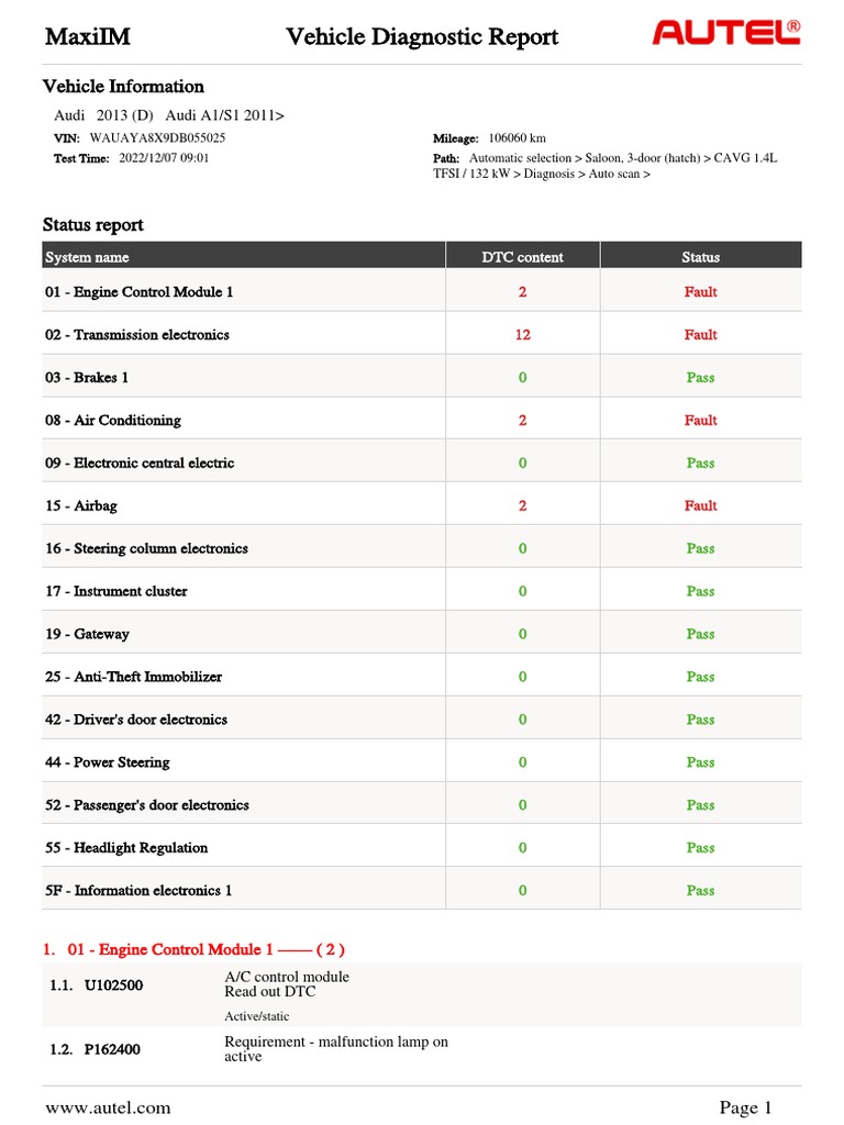Audi A1 Diagnostic Fault Codes | PDF | Airbag | Private Transport