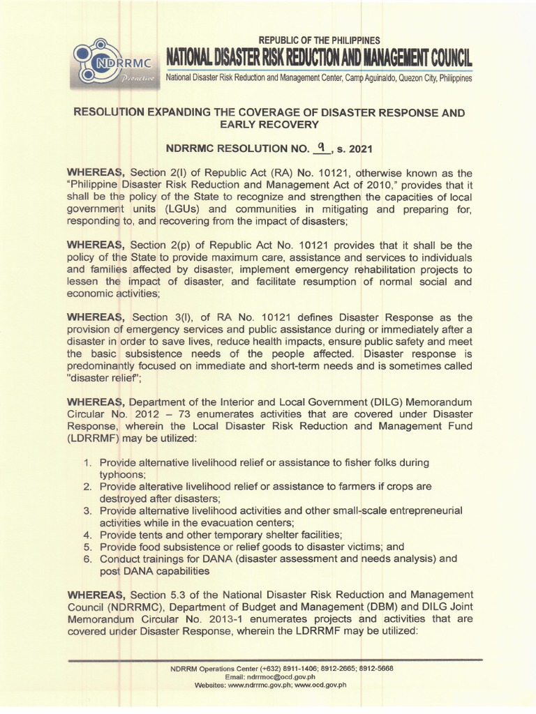 NDRRMC Resolution No 09 S 2021 | PDF