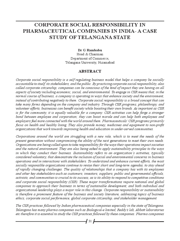 Corporate Social Responsibility in Pharmaceutical Companies in India - A Case Study of Telangana ...