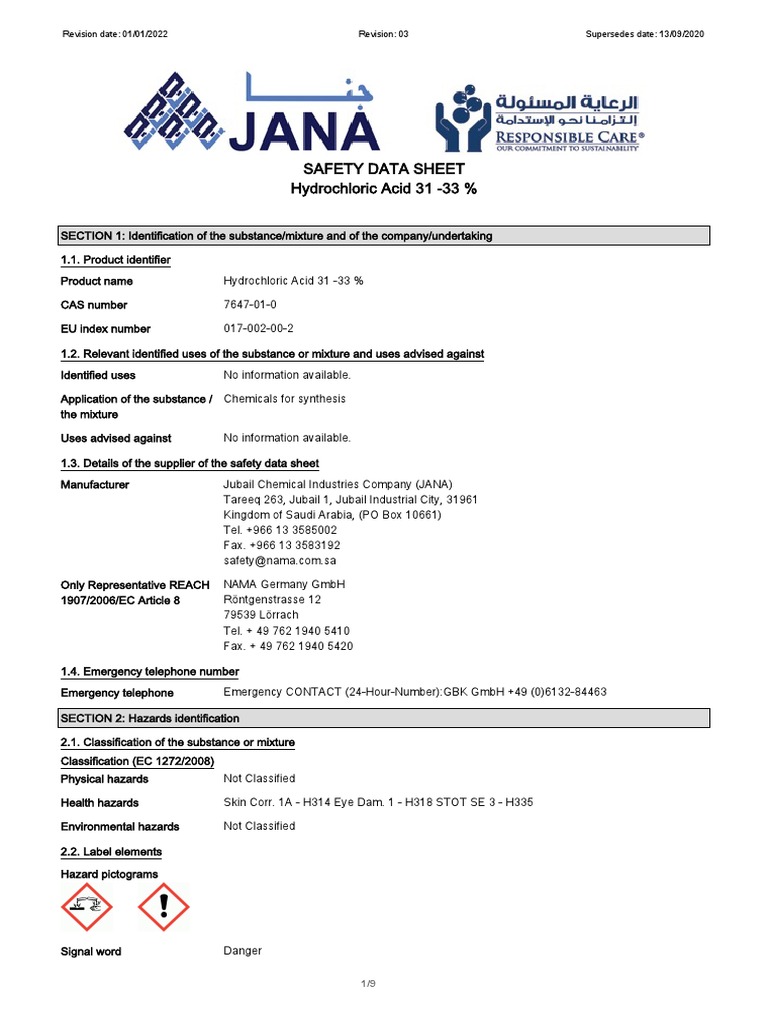 Hydrochloric Acid 31-33% Safety Data Sheet | PDF | Dangerous Goods ...