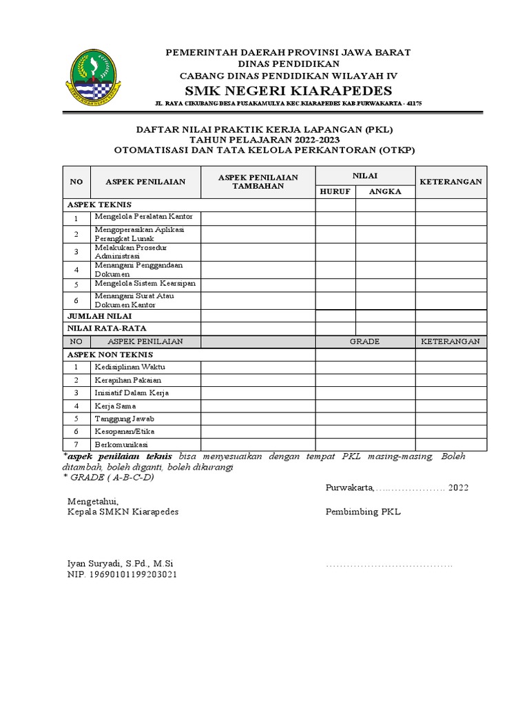 Format Nilai PKL 2022-2023 Otkp | PDF