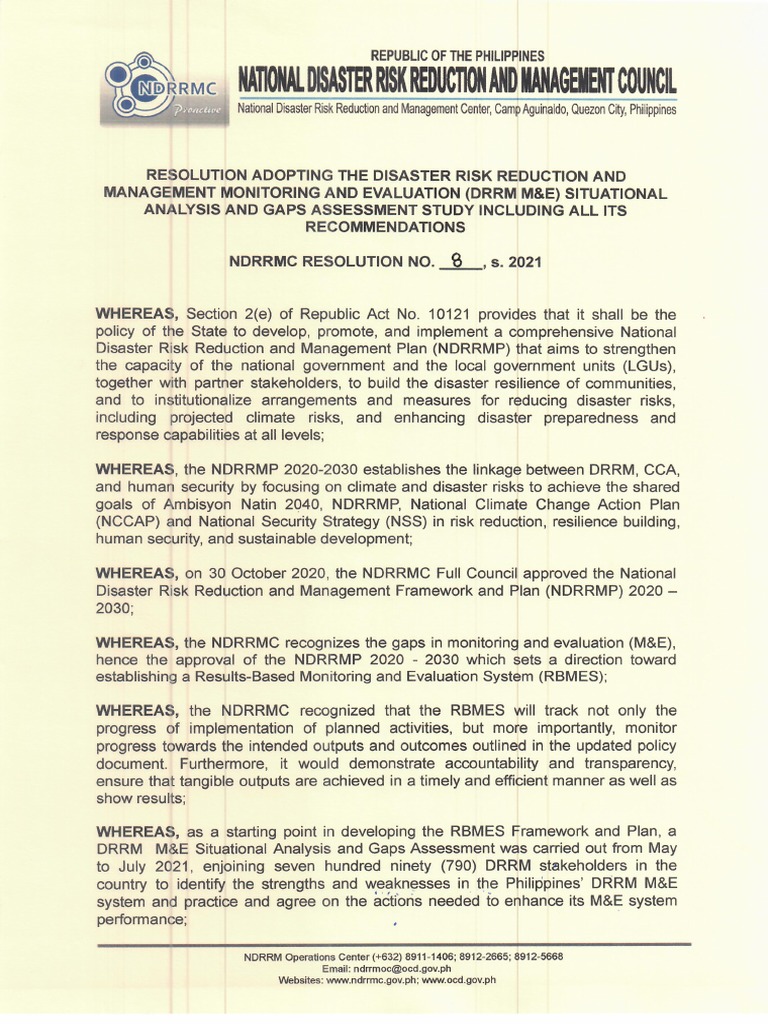 NDRRMC Resolution No 08 S 2021 1 | PDF