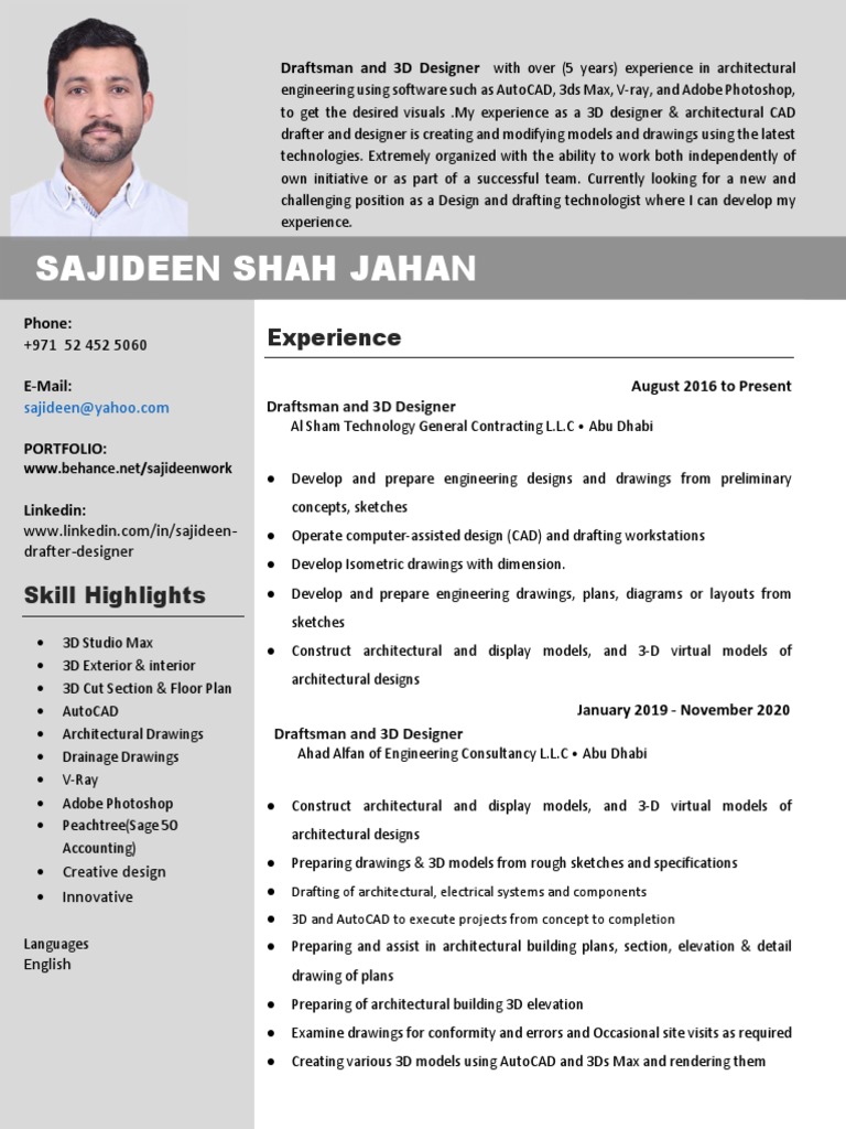 Resume - Sajideen - Draftsman and 3D Designer | PDF | Technical Drawing | 3 D Computer Graphics
