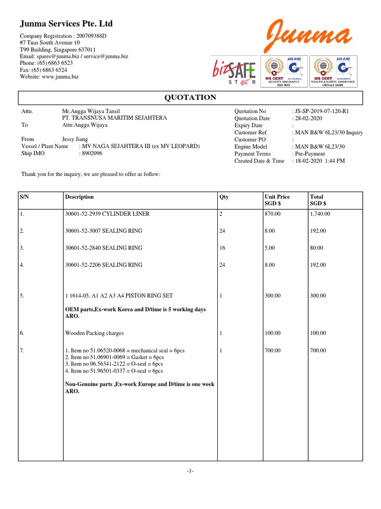 Marine Spare Parts Quotation | PDF | Fee | Economies