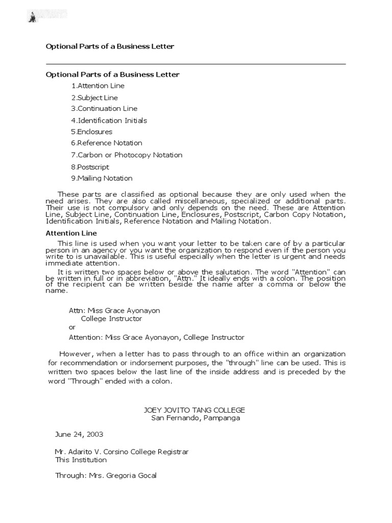 Optional Elements in Business Letters | PDF | Writing | Printing