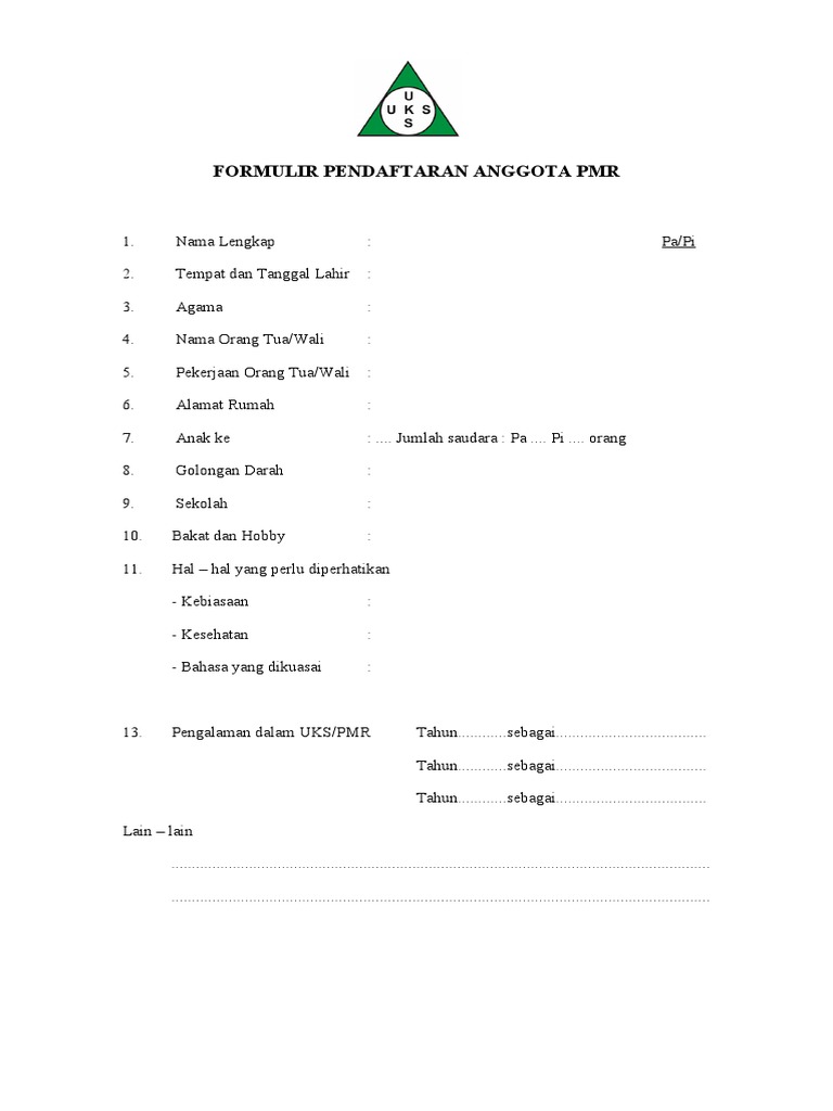 Formulir Pendaftaran Anggota PMR | PDF | Kesehatan Holistik