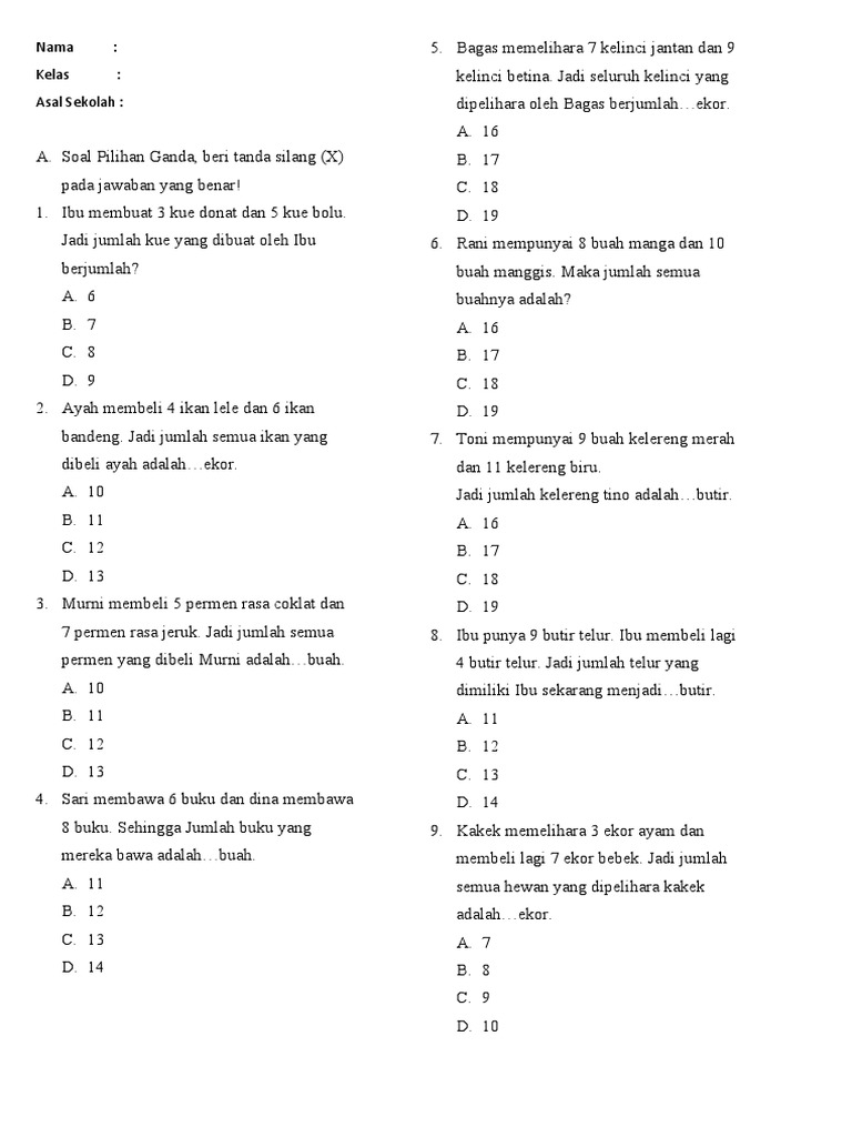 Soal MTK Kelas 1 | PDF