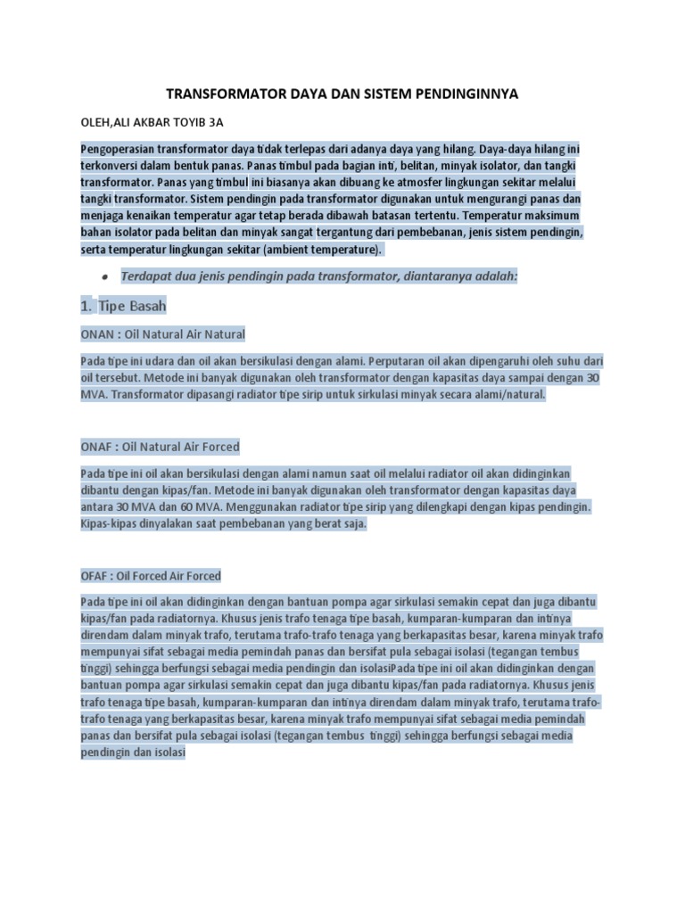 Transformator Daya Dan Sistem Pendinginnya | PDF