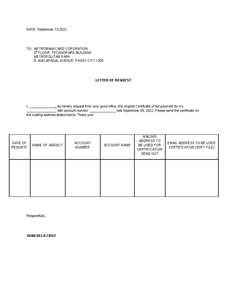 Request Letter For Certificate of Full Payment | PDF
