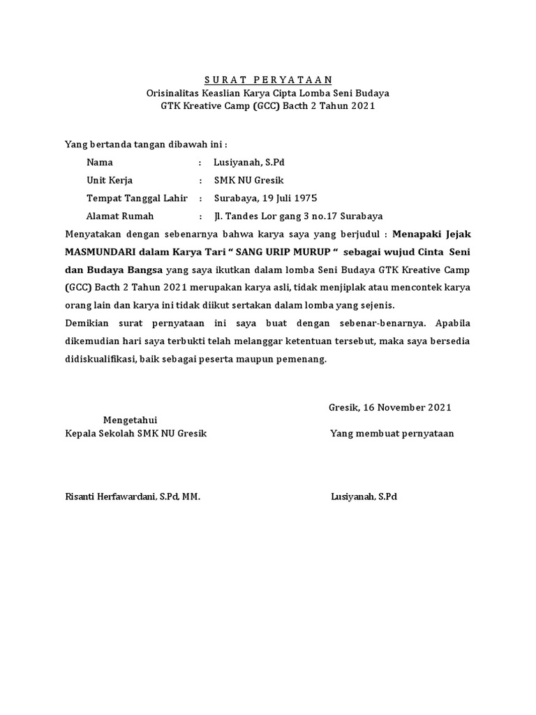 Surat Orisinalitas Karya | PDF