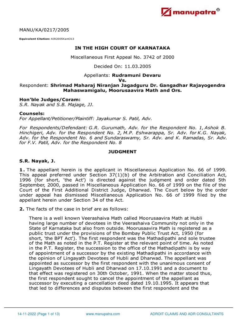 Karnataka High Court Arbitration Appeal | PDF | Arbitration | Arbitral ...